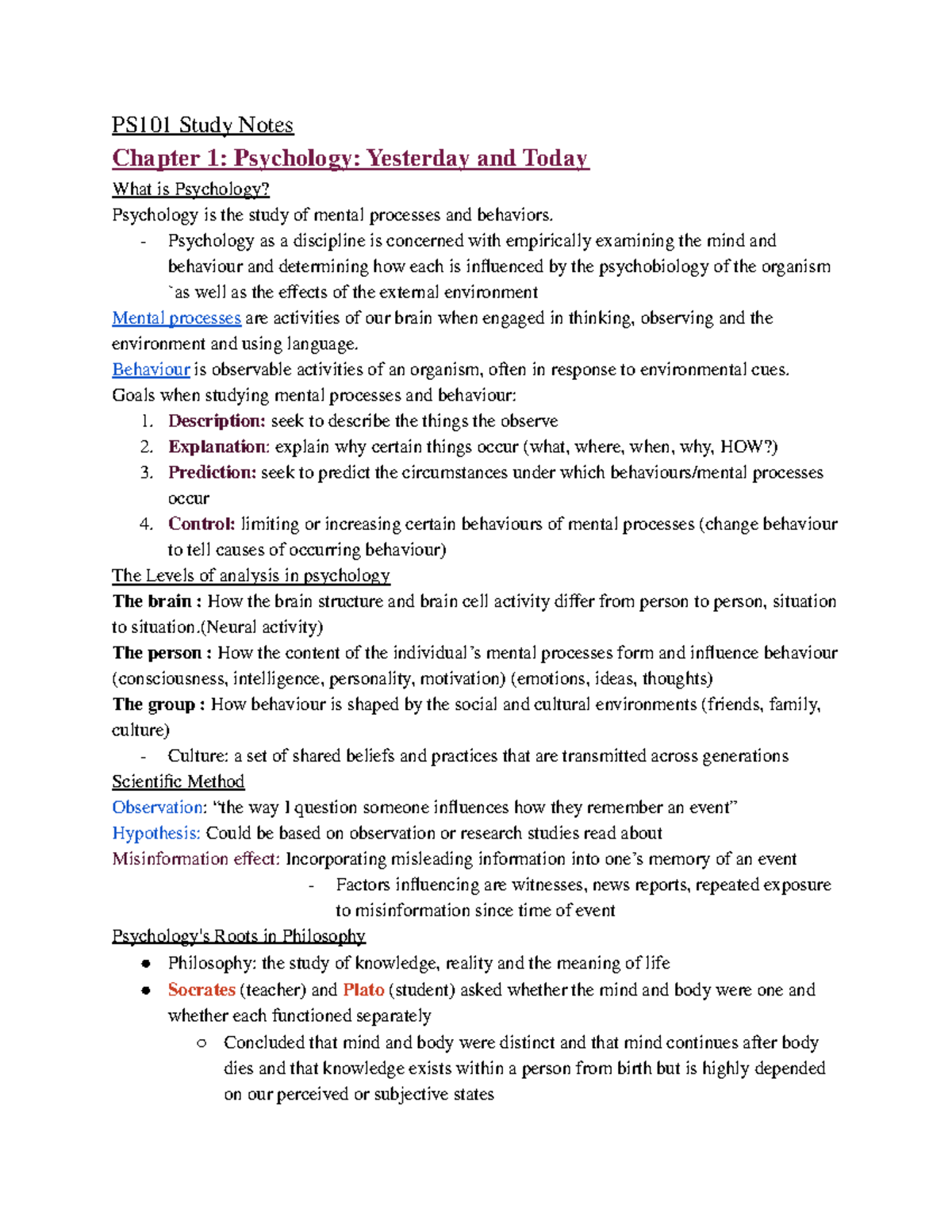 Psych Study notes - PS101 Study Notes Chapter 1: Psychology: Yesterday ...