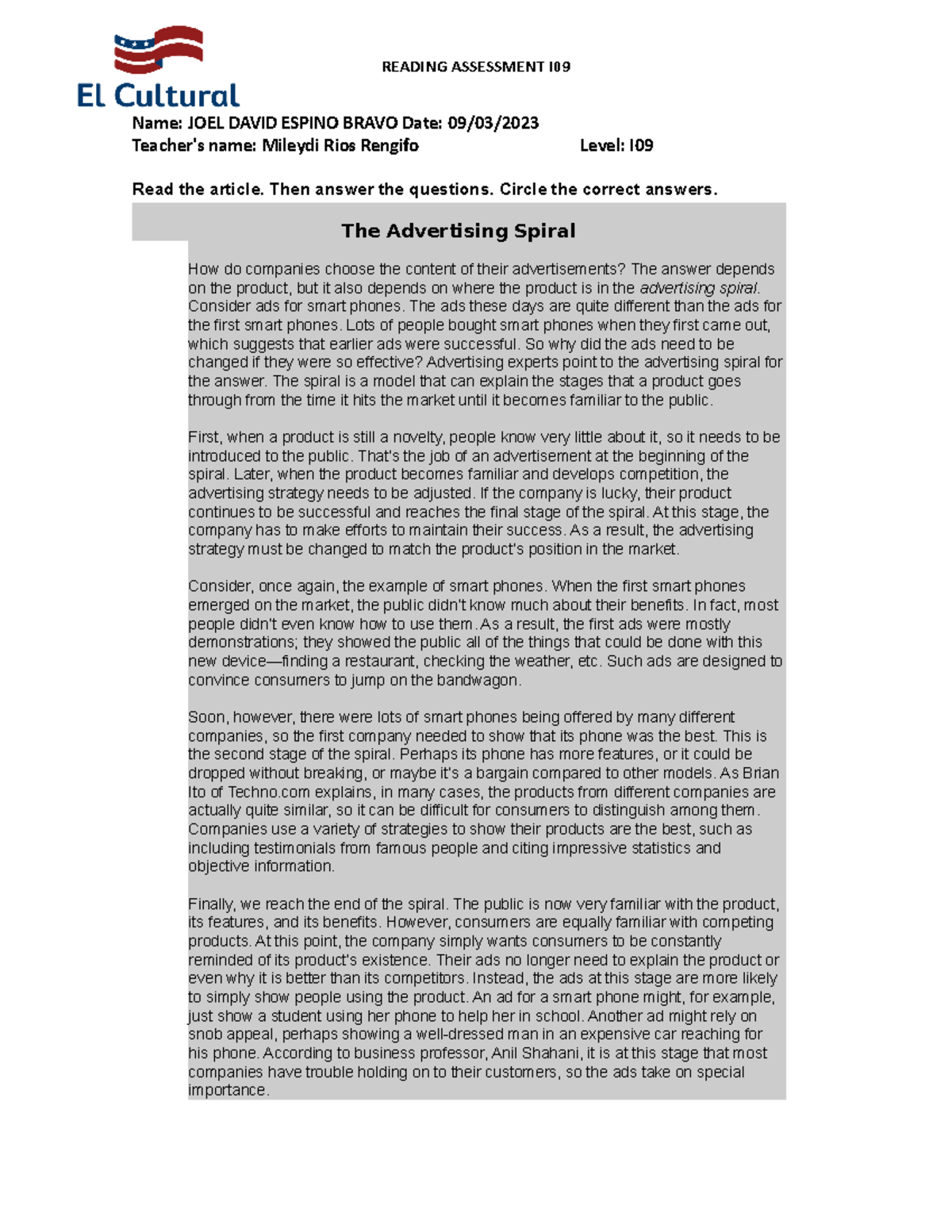 Reading Assessment I09 - READING ASSESSMENT I Name: JOEL DAVID ESPINO ...