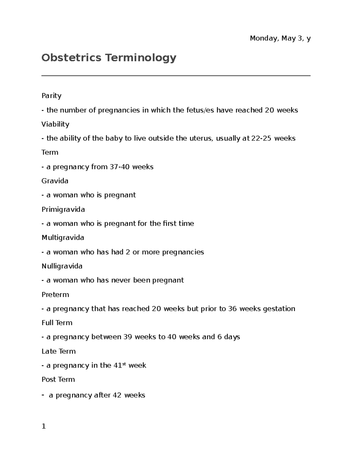 Obstetrics Terminology - Thursday, October 10, y Obstetrics Terminology ...