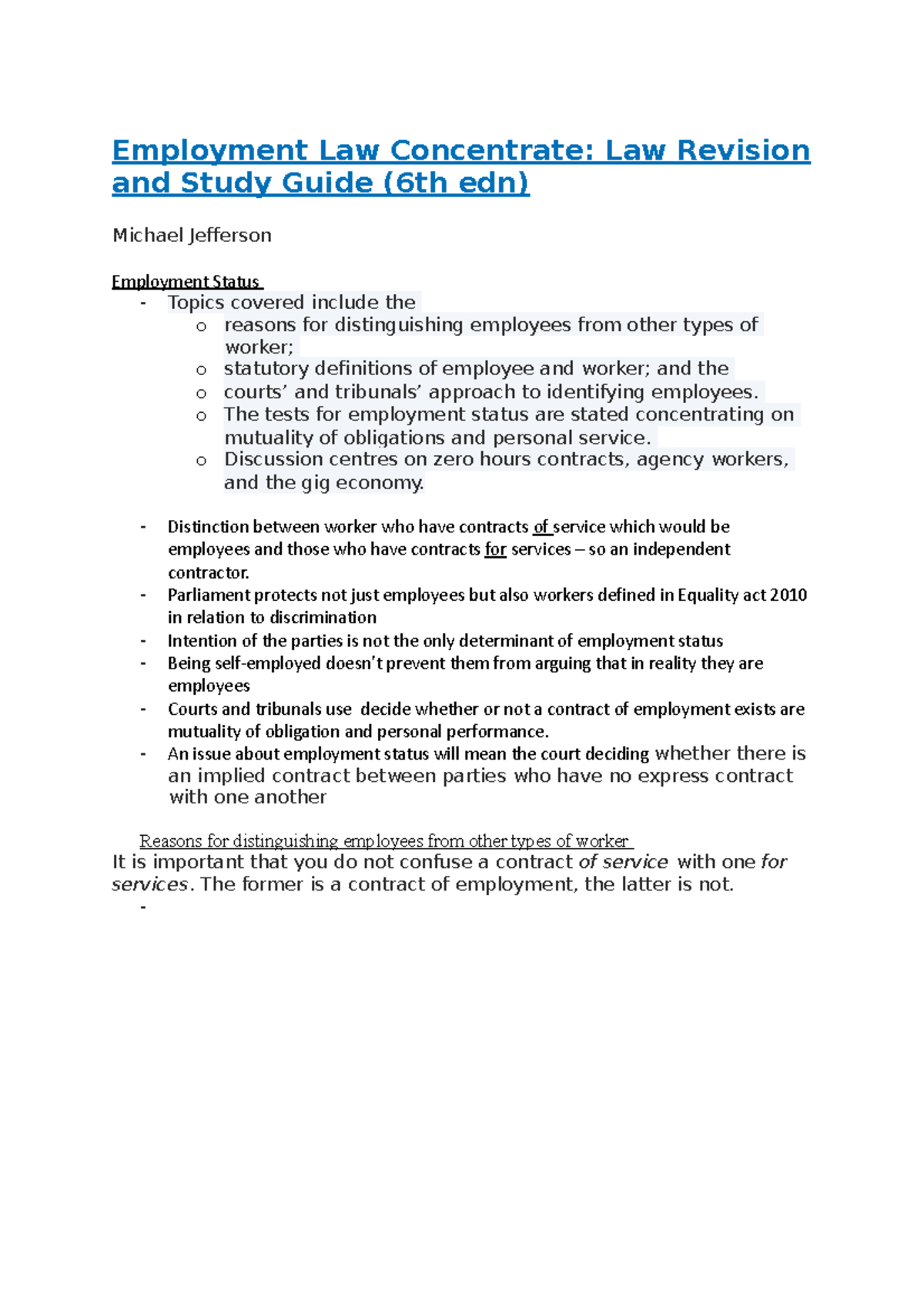Employment Law Reading - Employment Law Concentrate: Law Revision and ...