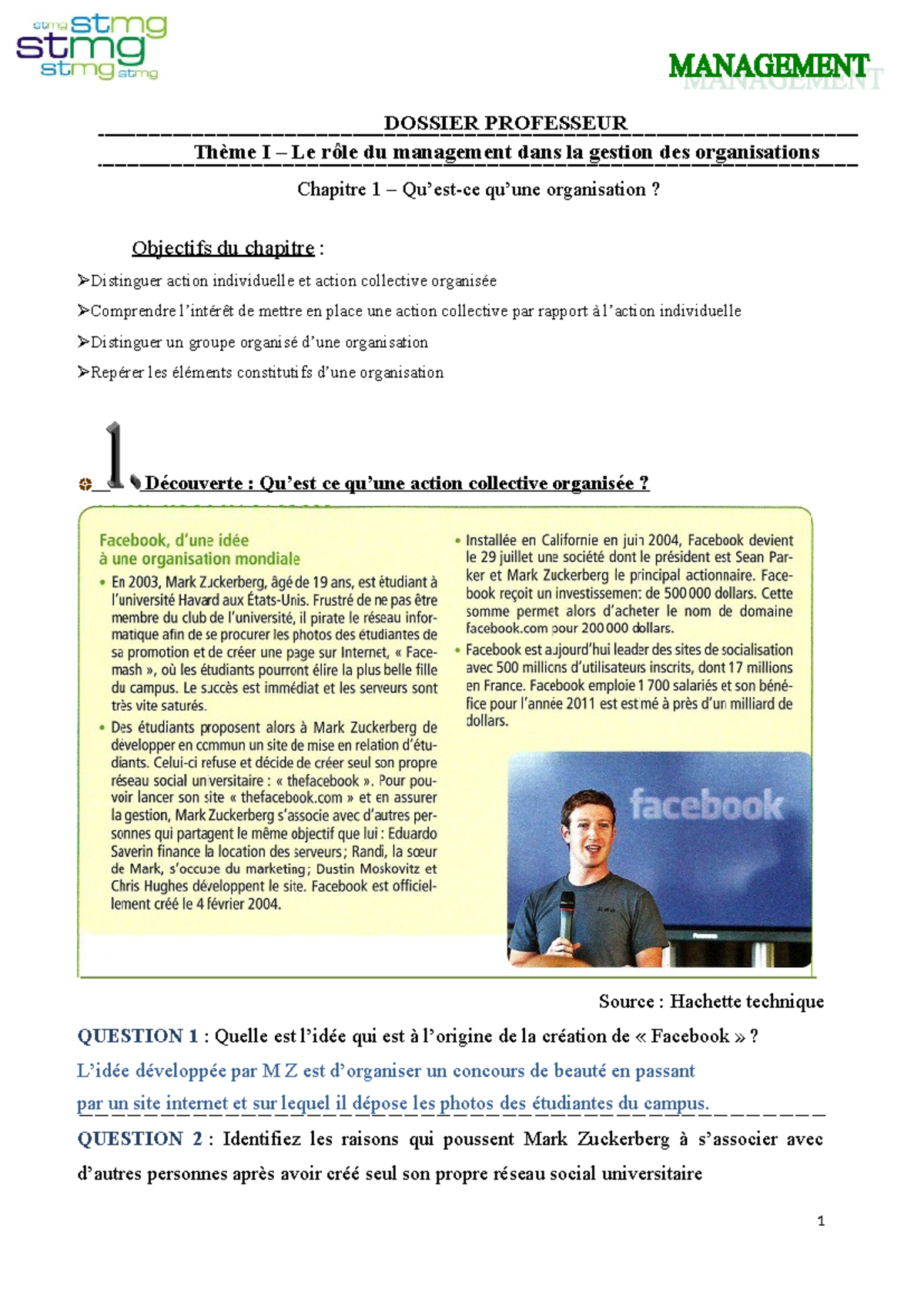 Chap 1 dossier management - DOSSIER PROFESSEUR Thème I – Le rôle du management dans la gestion ...