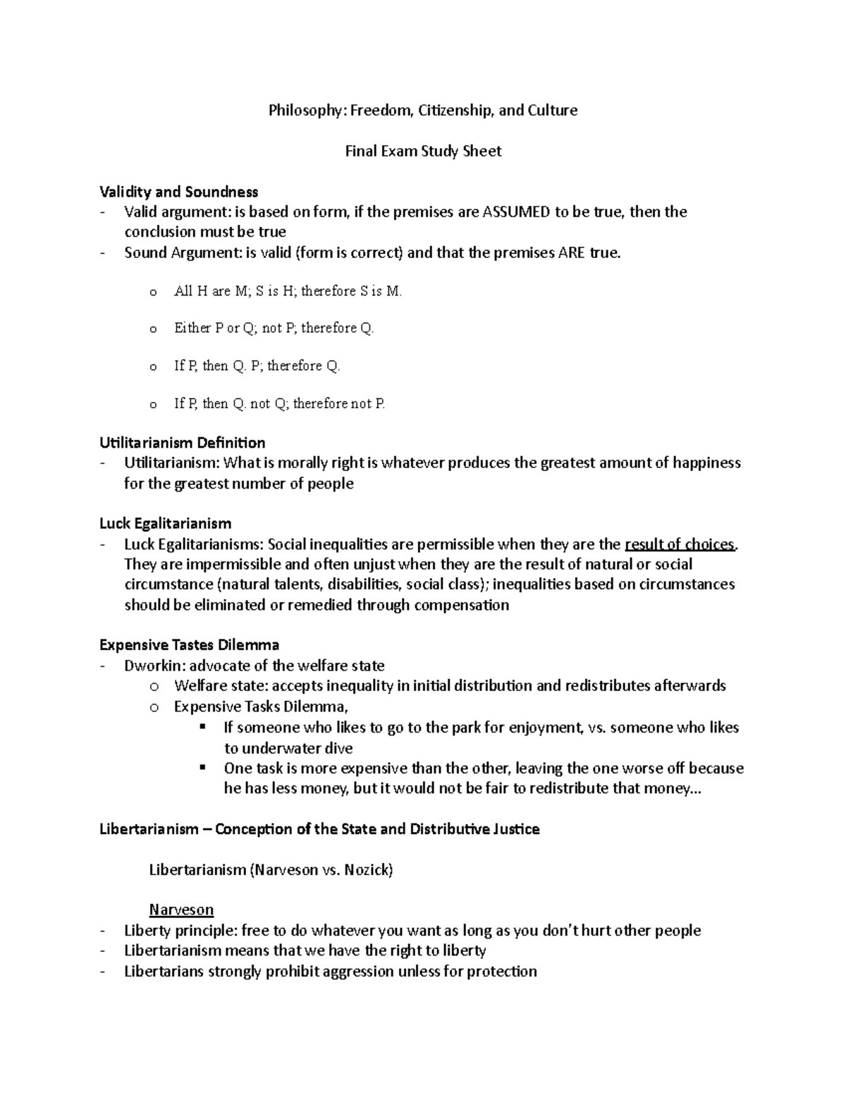 Final Exam Review - Philosophy: Freedom, Citizenship, and Culture Final ...