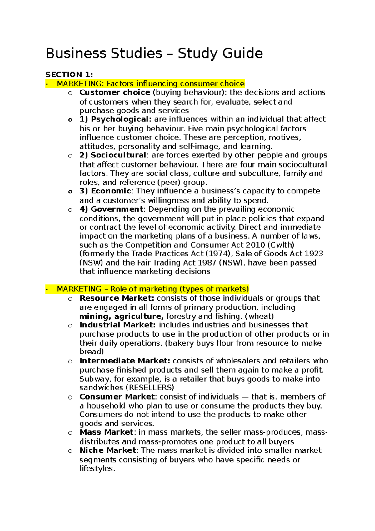 Business exam prep - Notes - Business Studies – Study Guide SECTION 1 ...