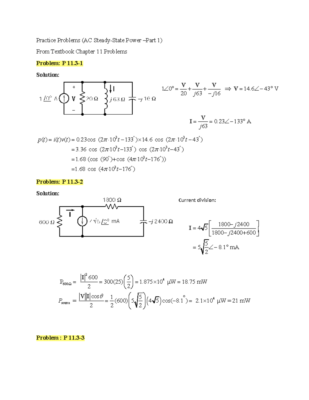 (AC Steady-State Power-Part 1) - Practice Problems (AC Steady-State Power –Part 1) From Textbook ...