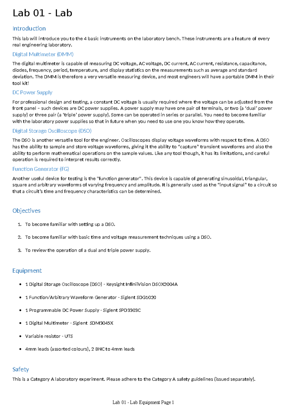 Lab 1 Lab Equipment - Lab 1 - Lab 01 - Lab Equipment Introduction ####### This lab will ...