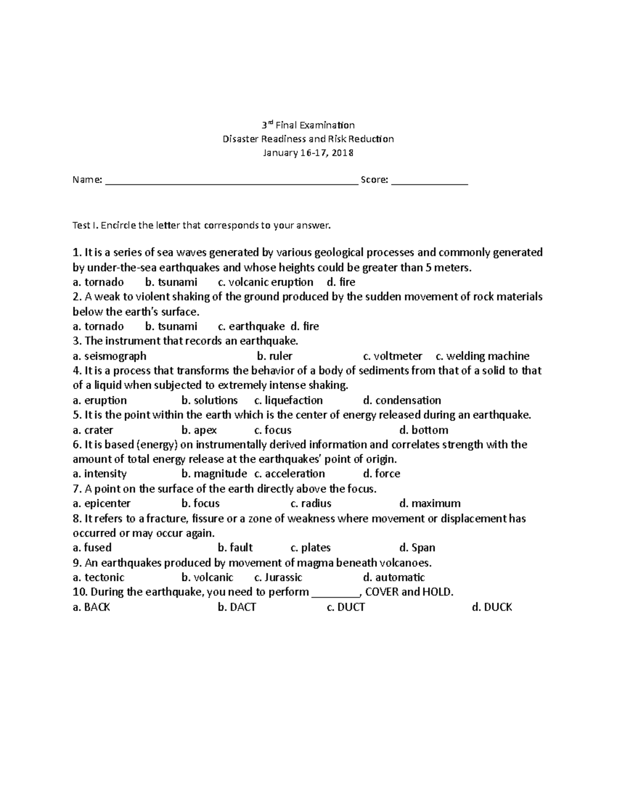 Drr 3rd Final Examination grade 12 gas - 3 rd Final Examination ...