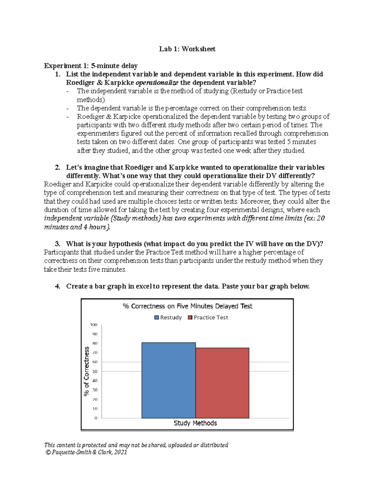 Psych 10 - Professor Clark - Lab 1 Worksheet - Lab 1: Worksheet Experiment 1: 5-minute delay 1 ...