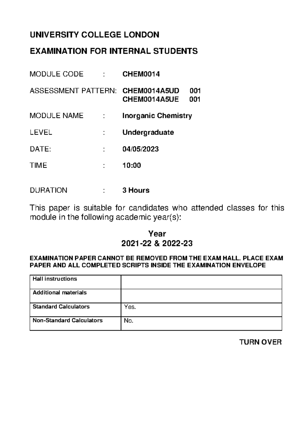 CHEM0014A5UD - UNIVERSITY COLLEGE LONDON EXAMINATION FOR INTERNAL STUDENTS MODULE CODE : CHEM ...