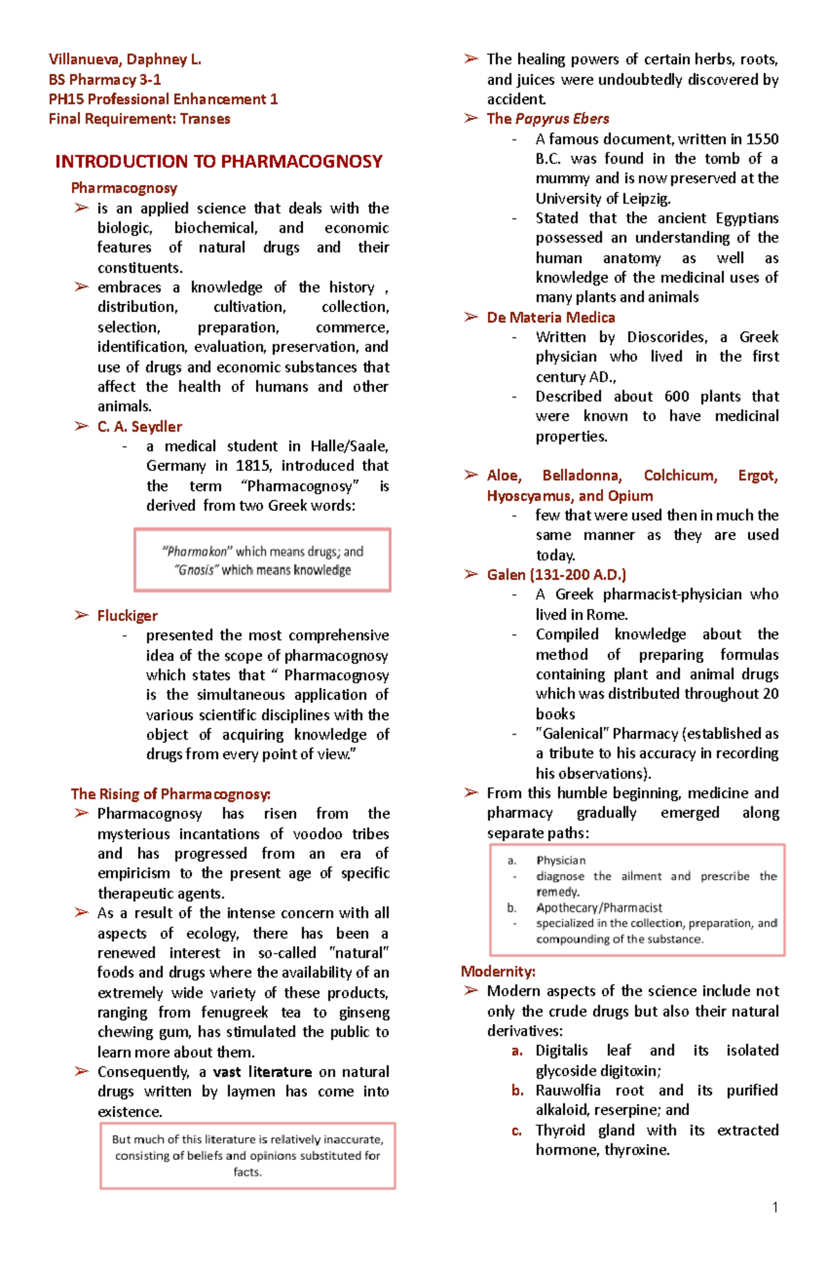 PH15 Transes on Pharmacognosy (Villanueva) - Villanueva, Daphney L. BS ...
