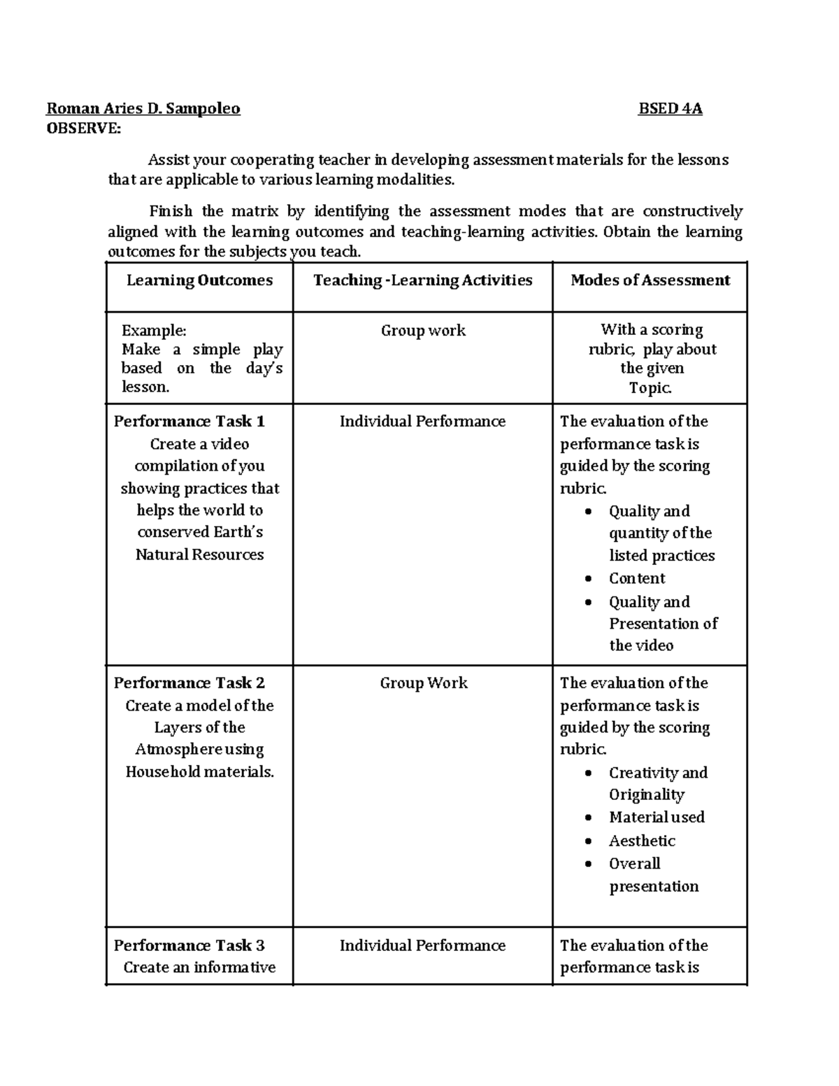 Pdfcoffee - Roman Aries D. Sampoleo BSED 4A OBSERVE: Assist your ...