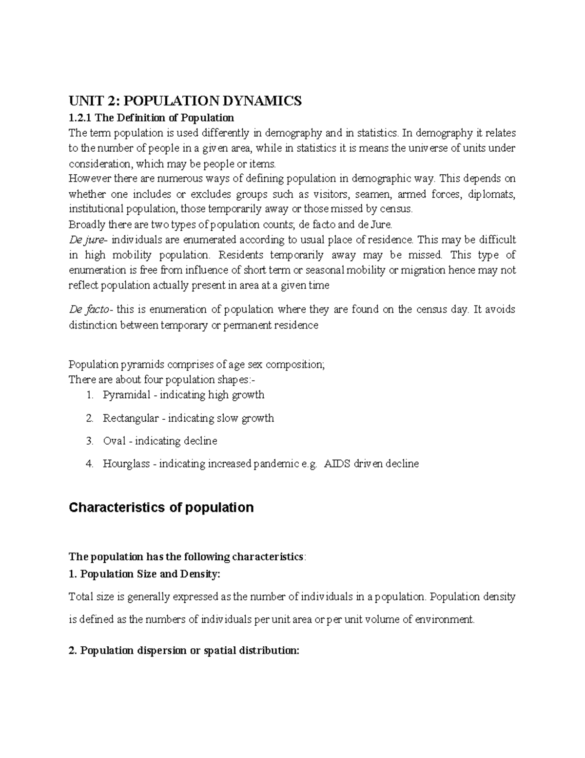 UNIT 2 Demography - DEMO NOTES - UNIT 2: POPULATION DYNAMICS 1.2 The ...