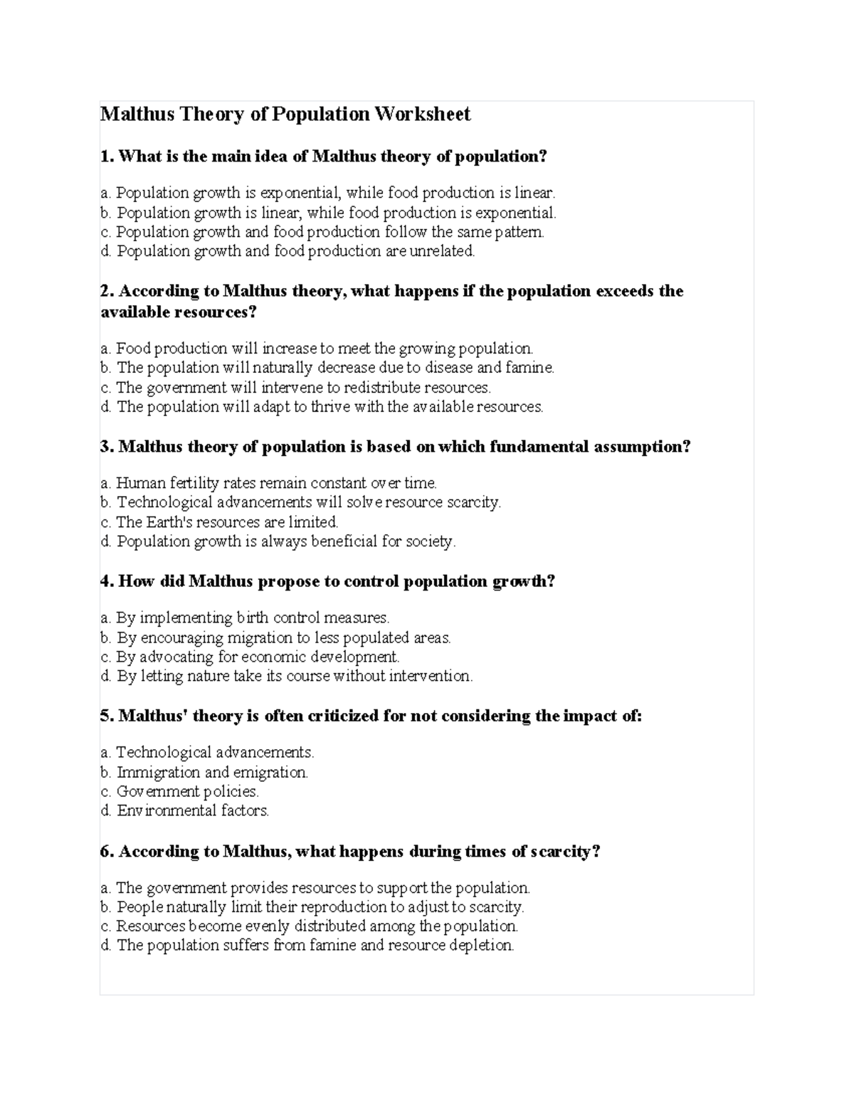 Malthus theory 10 questions - Malthus Theory of Population Worksheet 1 ...