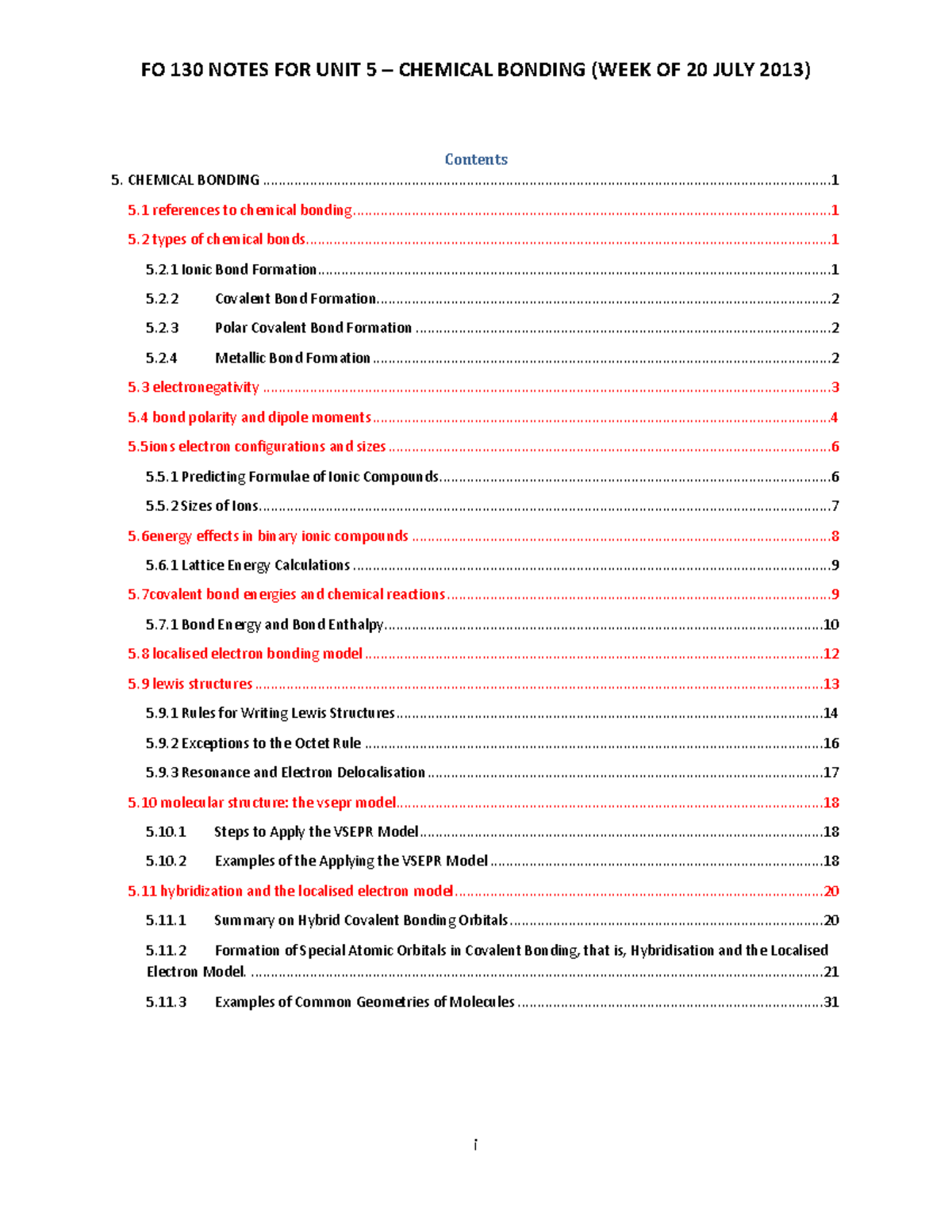 CH110 Notes 5 Chemical Bonding - FO 130 NOTES FOR UNIT 5 – CHEMICAL ...