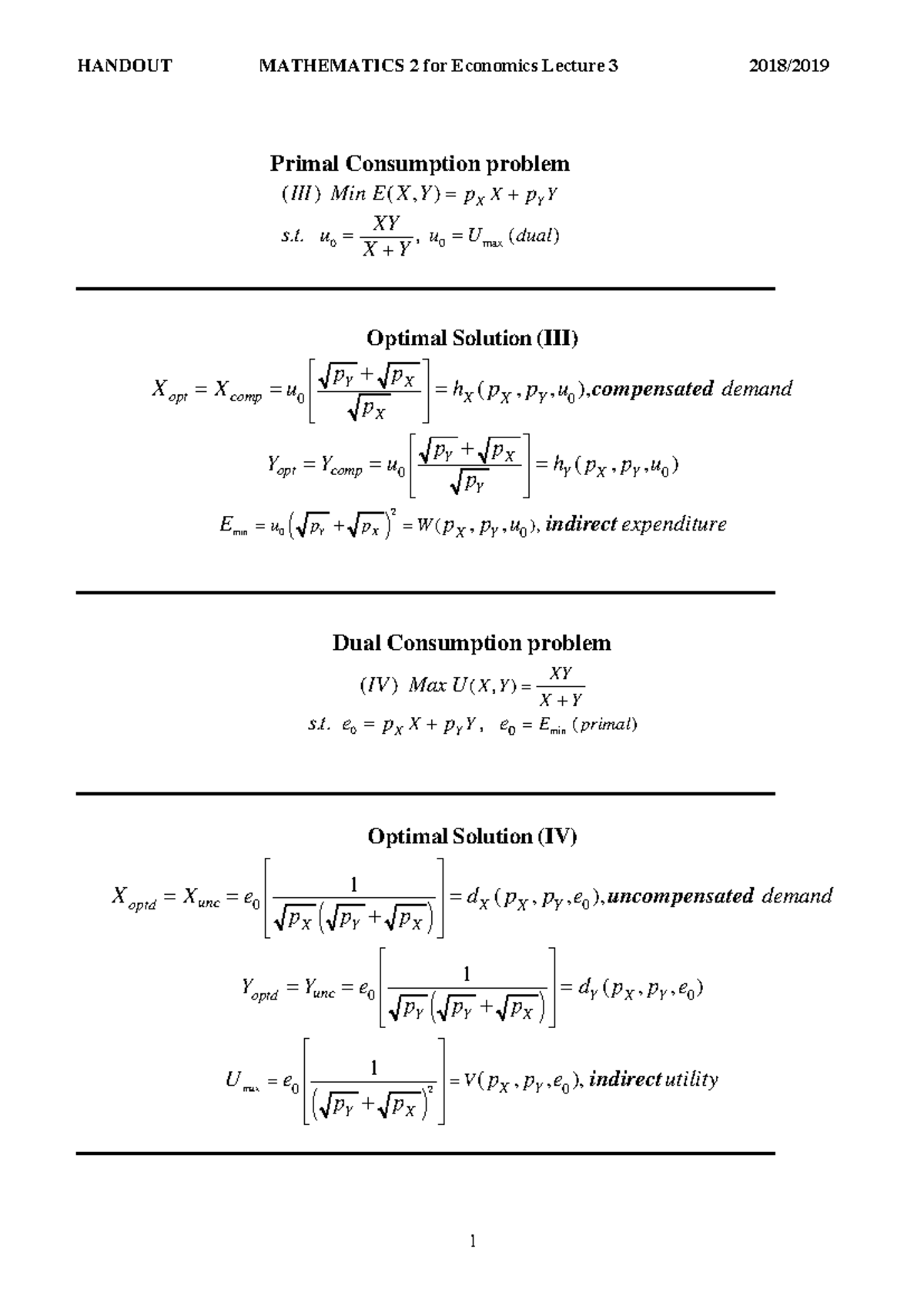 Handout lecture 3 - MATHEMATICS 2 for Economics Lecture 3 HANDOUT 2018/ ...