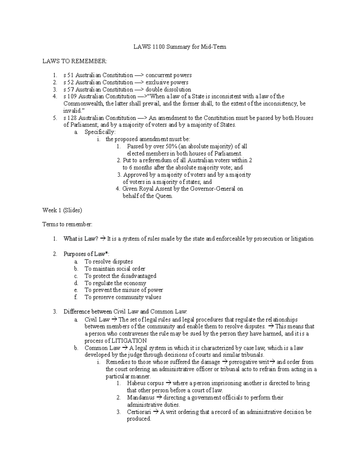 LAWS 1100 Summary For Mid Term - LAWS 1100 Summary for Mid-Term LAWS TO ...