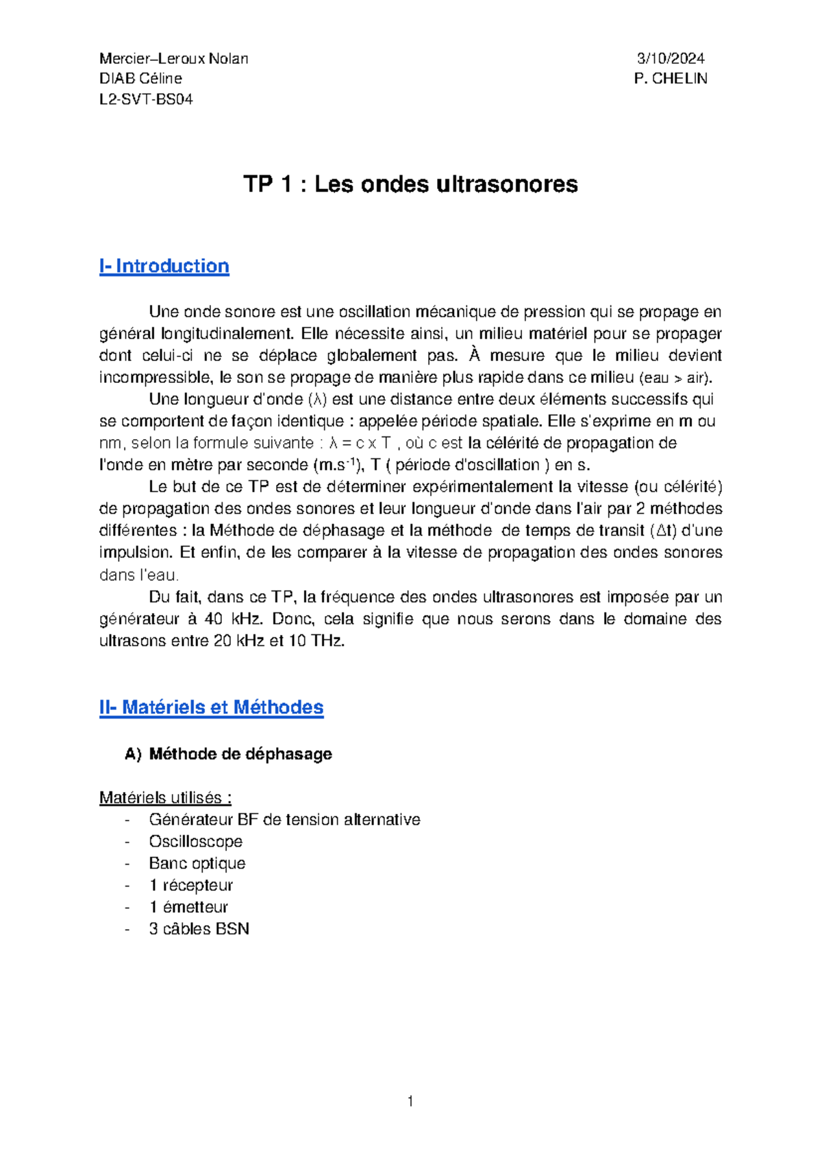 TP 1 Les ondes ultrasonores compte rendu - DIAB Céline P. CHELIN L2-SVT ...