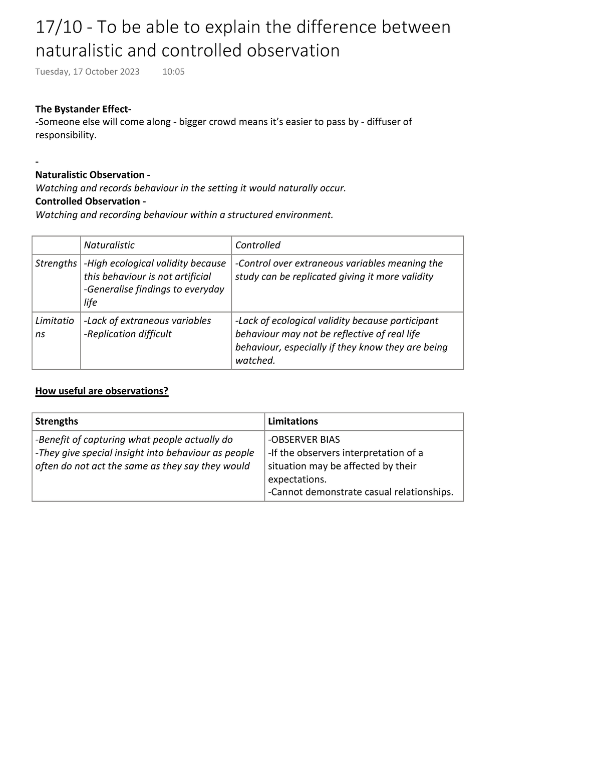 - To be able to explain the difference between naturalistic and ...