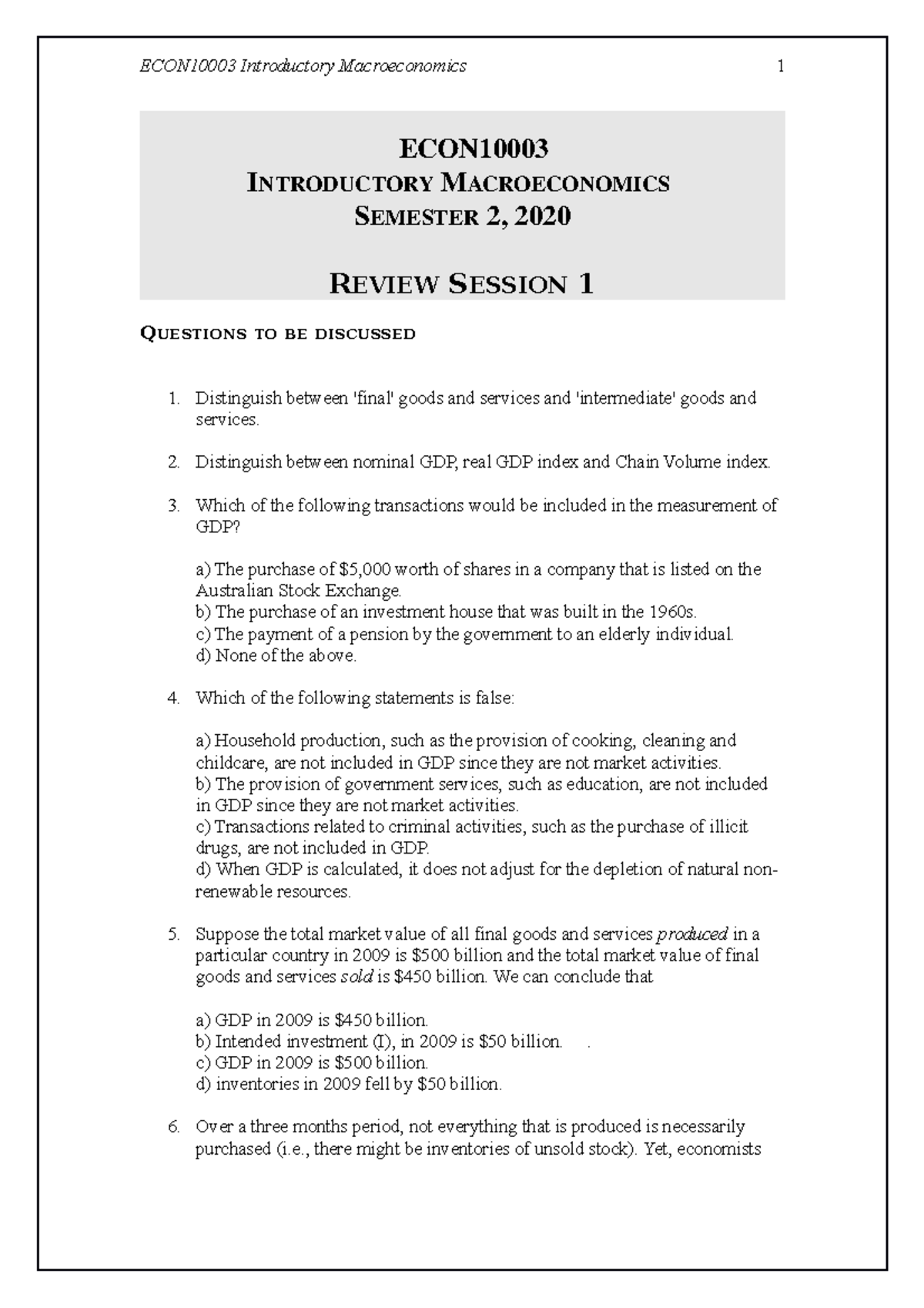 Review Session 1 - ECON10003 Introductory Macroeconomics ECON ...
