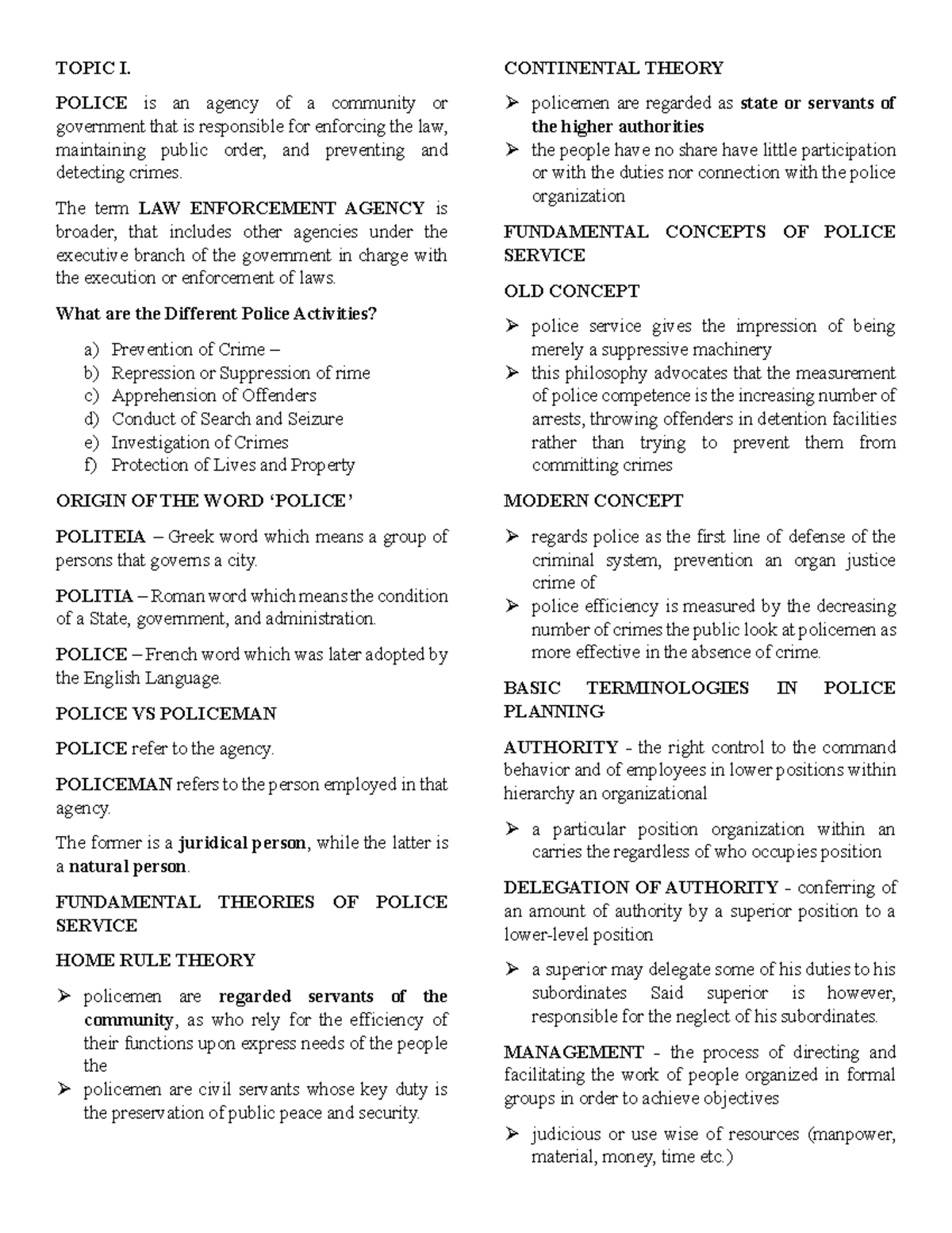 LEA Topic 1 and Topic 2 - zxc - TOPIC I. POLICE is an agency of a ...