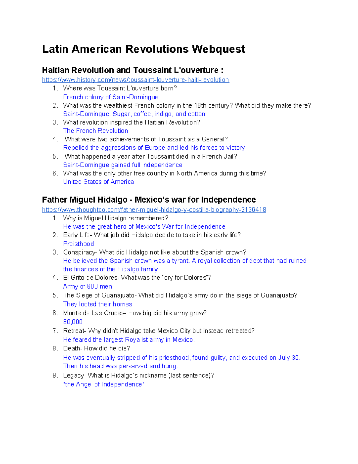 Copy of Latin American Revolutions Webquest - Latin American ...