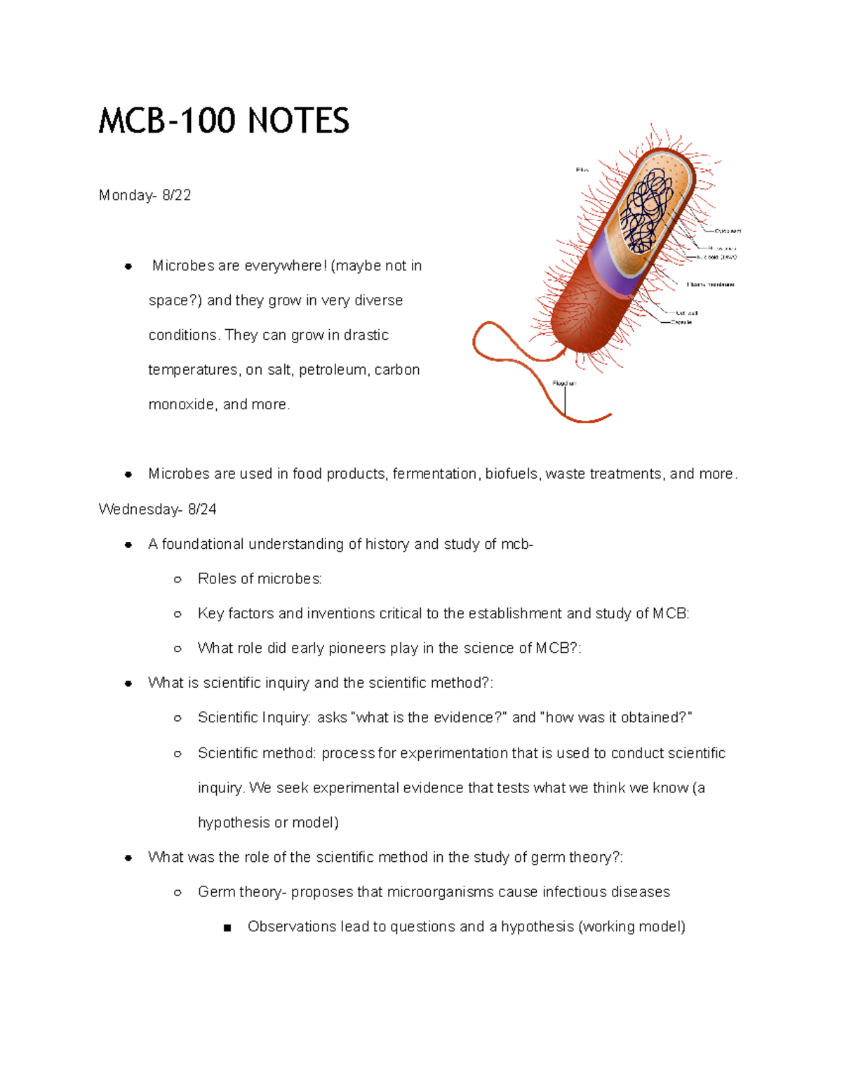MCB-100 Notes - MCB-100 NOTES Monday- 8/ Microbes are everywhere ...