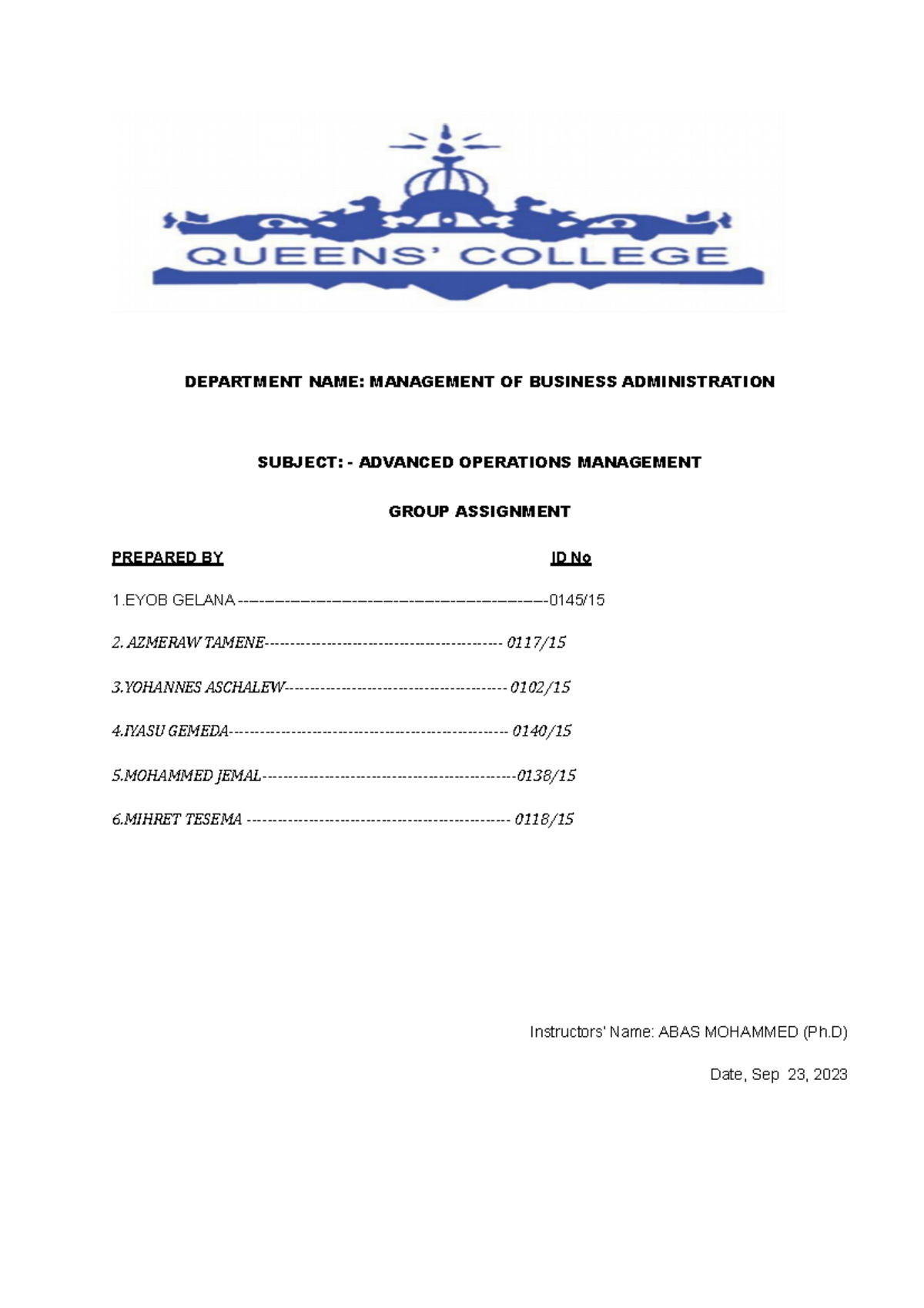 NEW OM - DEPARTMENT NAME: MANAGEMENT OF BUSINESS ADMINISTRATION SUBJECT ...