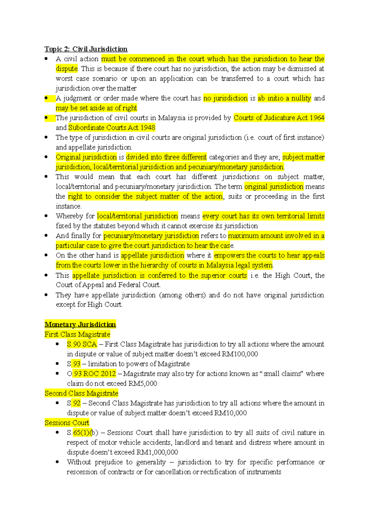Notes Topic 2 - Courts Jurisdiction - Topic 2: Civil Jurisdiction A ...