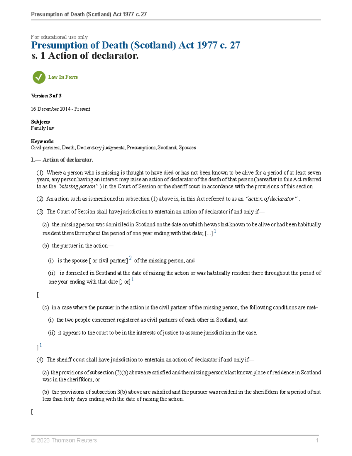 Presumption of Death Act - For educational use only Presumption of ...