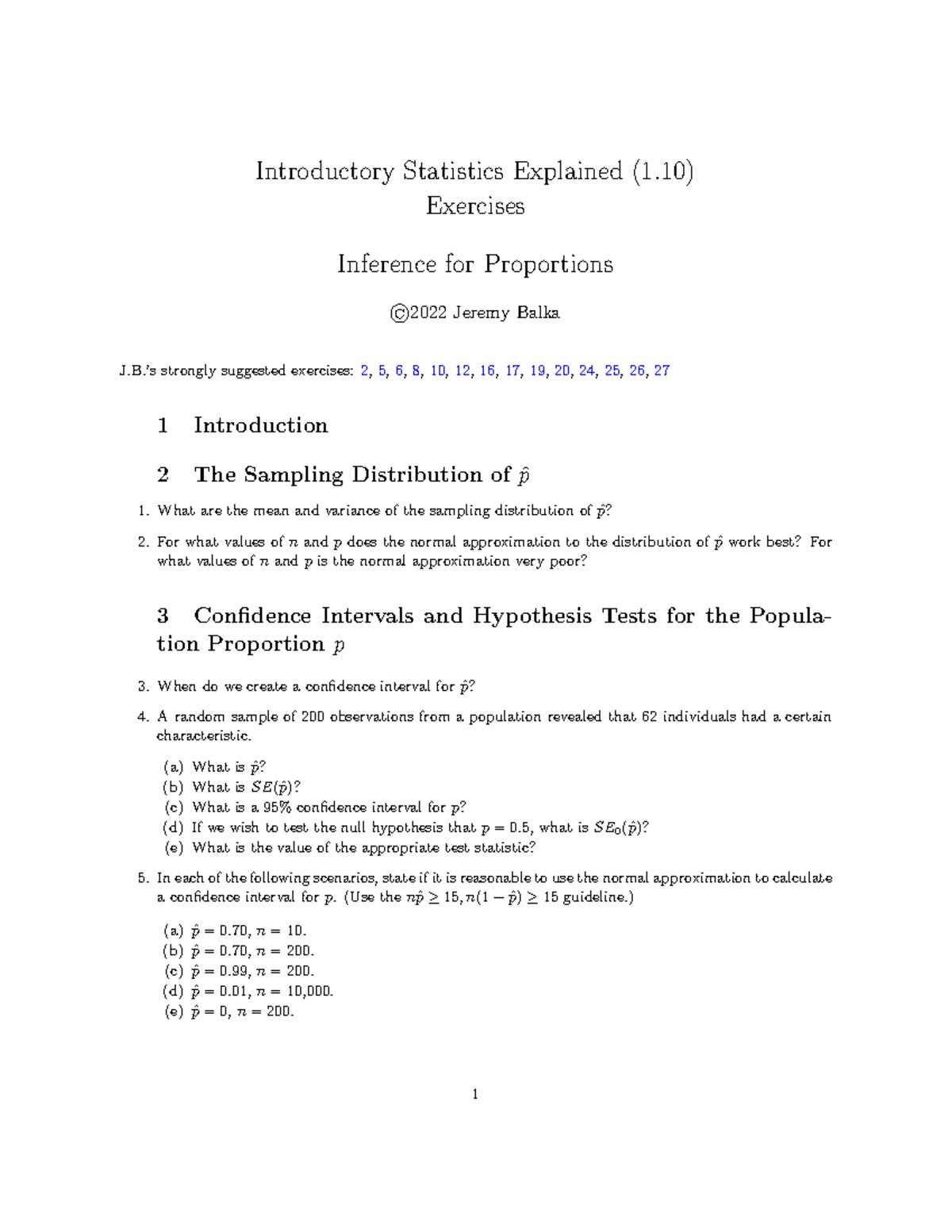 Jb ise exercises proportions - Introductory Statistics Explained (1) Exercises Inference for ...