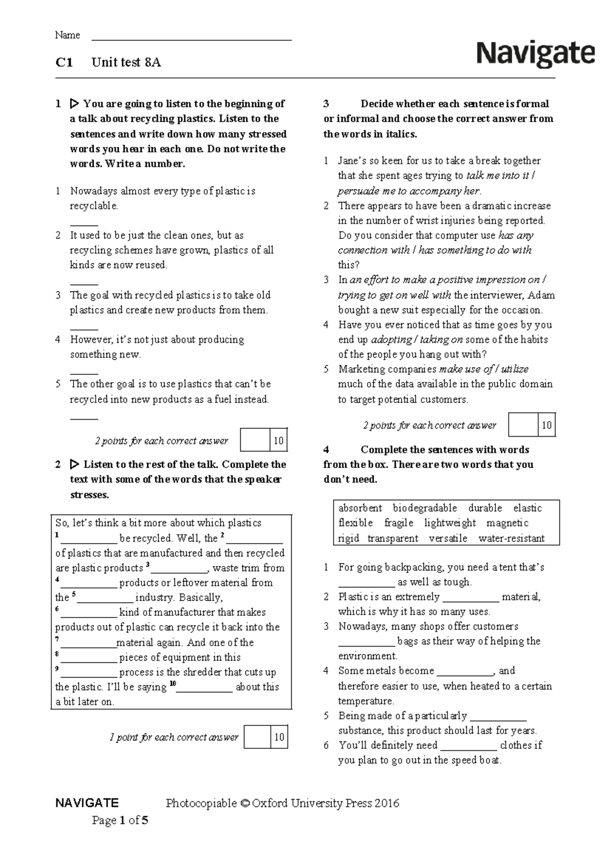 Unit Test 8A - c1 navigate book quiz for unit 8 - C1 Unit test 8A 1 You ...