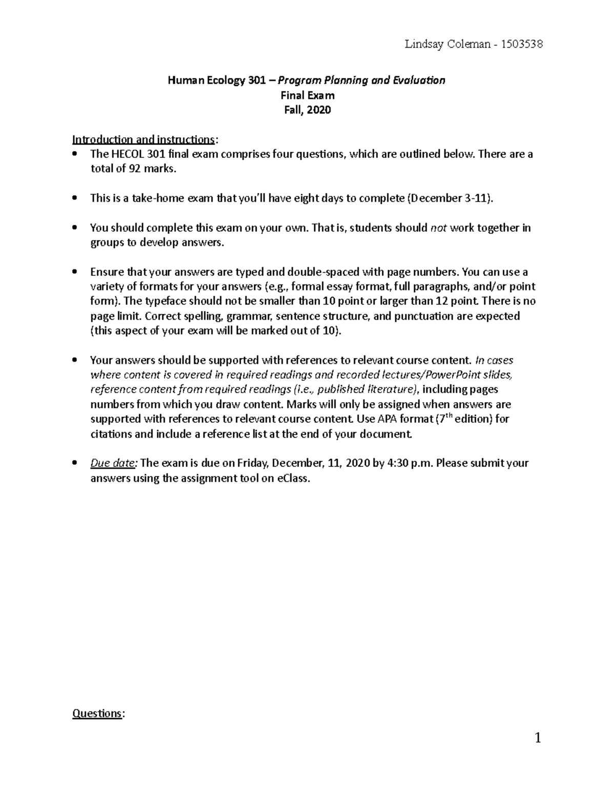 Final exam 2020 - Human Ecology 301 – Program Planning and Evaluaion ...