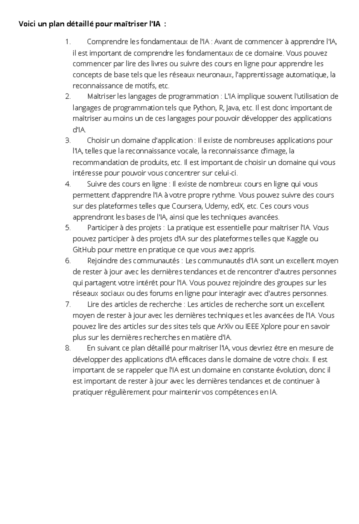Plan pour maitrise IA - Voici un plan détaillé pour maîtriser l'IA ...