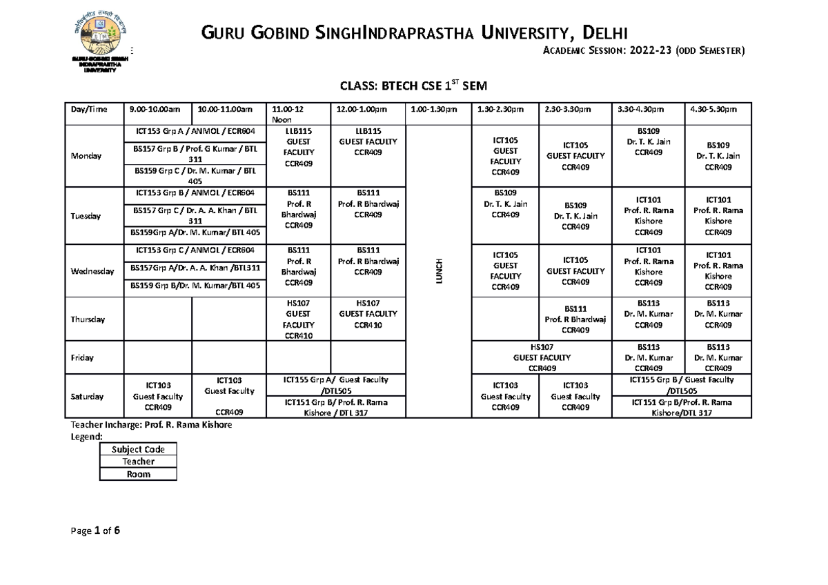 1st yr Btech Usict - Good - TIME TABLE ACADEMIC SESSION: 2022-23 (ODD ...