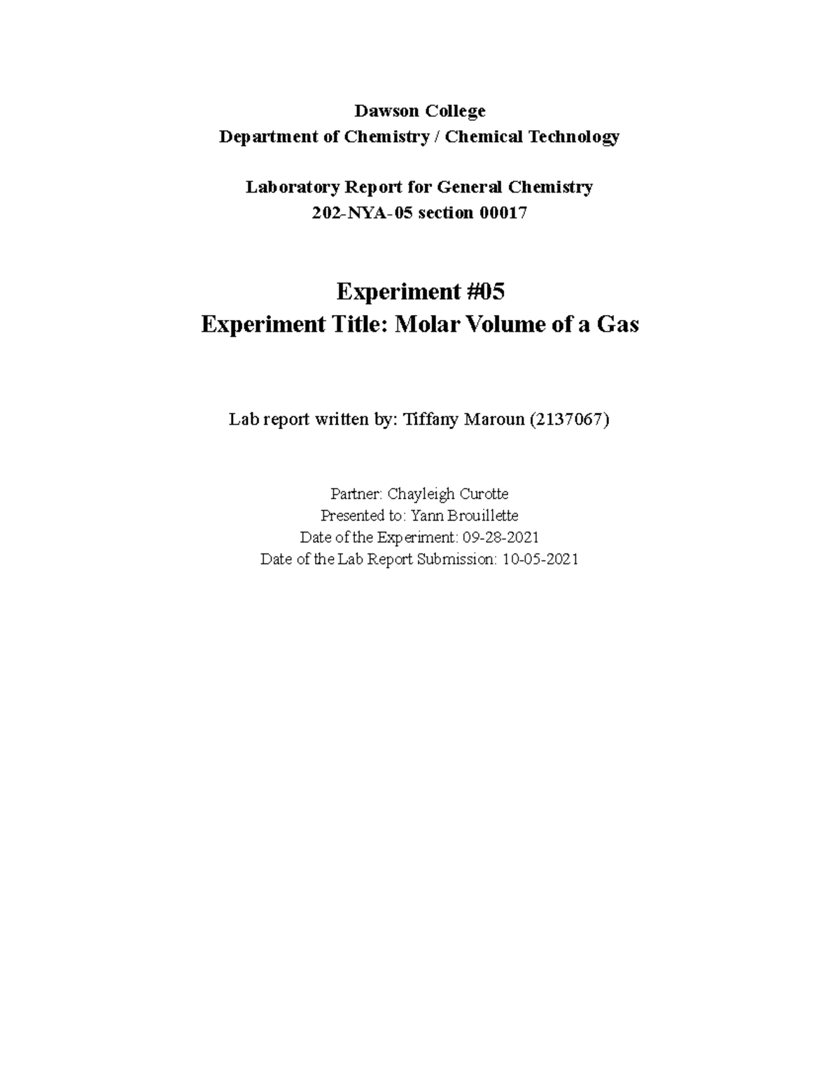 CHEM LAB #3 - molar volume of a gas lab for general chemistry - Dawson ...