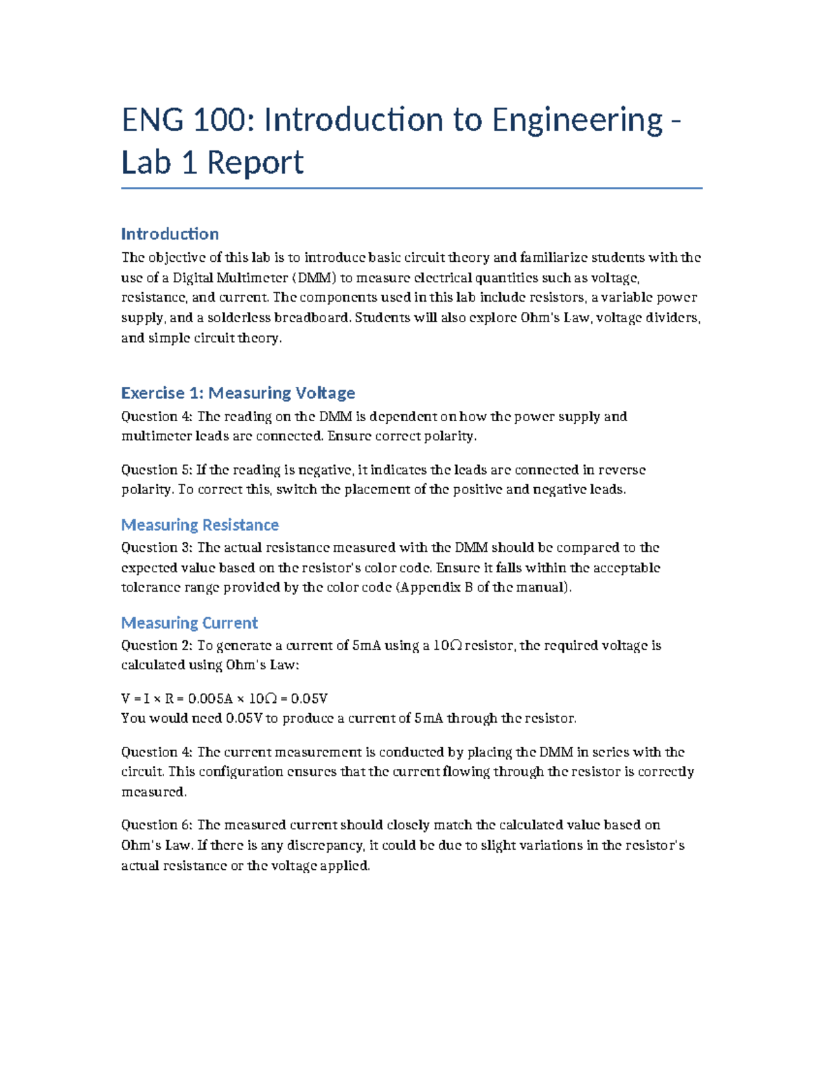 Lab 1 Report - ENG 100: Introduction to Engineering - Lab 1 Report Introduction The objective of ...