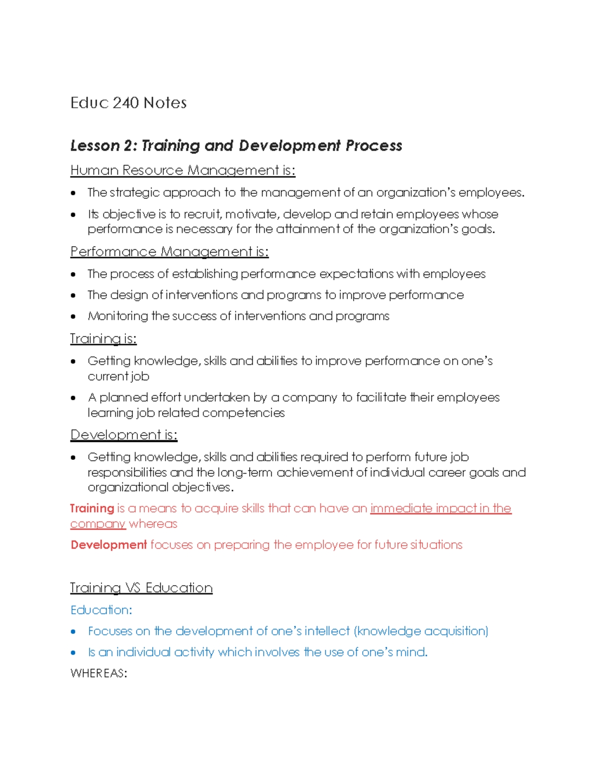 Educ 240 Notes - Educ 240 Notes Lesson 2: Training and Development ...