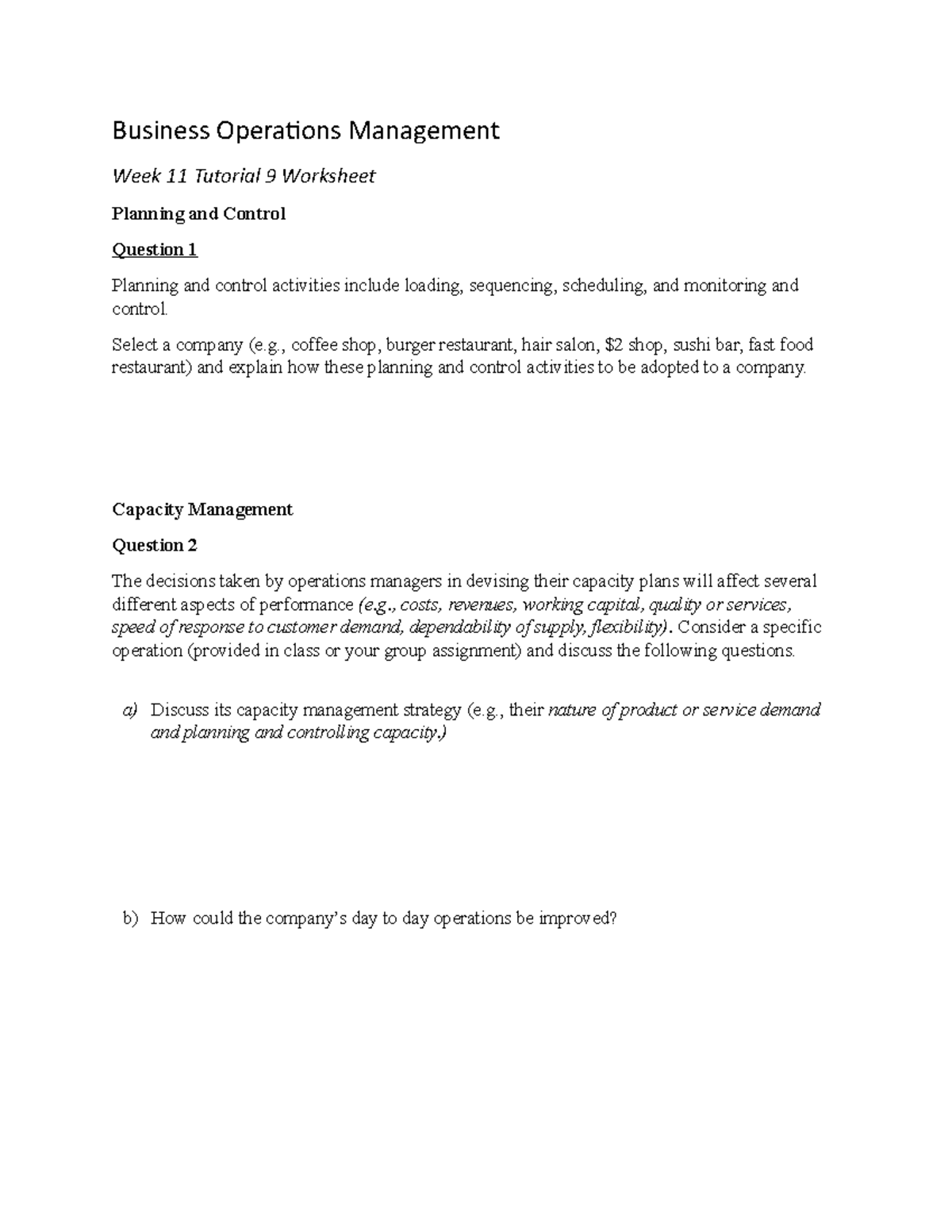 BOM Tutorial 9 w11 (2022) - Business Operations Management Week 11 ...