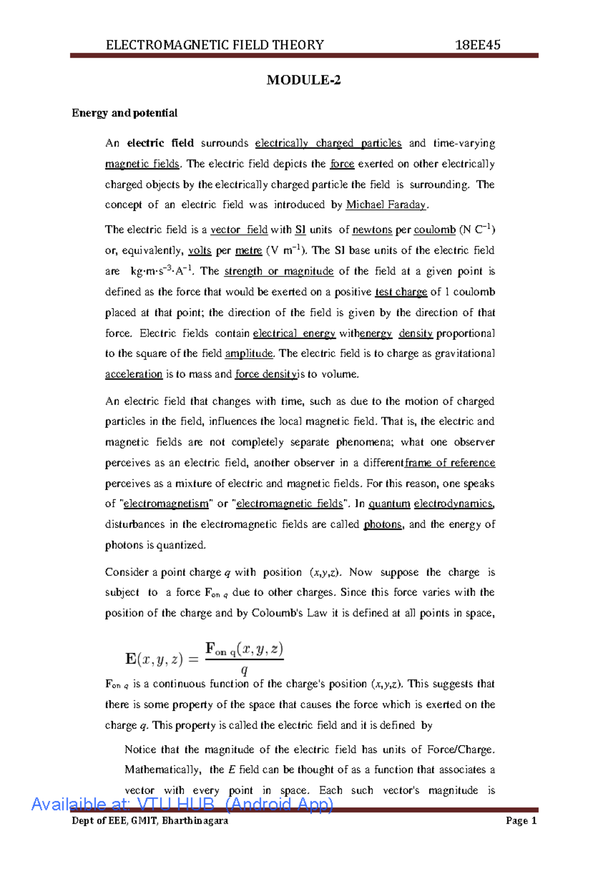 Electromagnetic Field Theory - MODULE- Energy and potential An electric ...