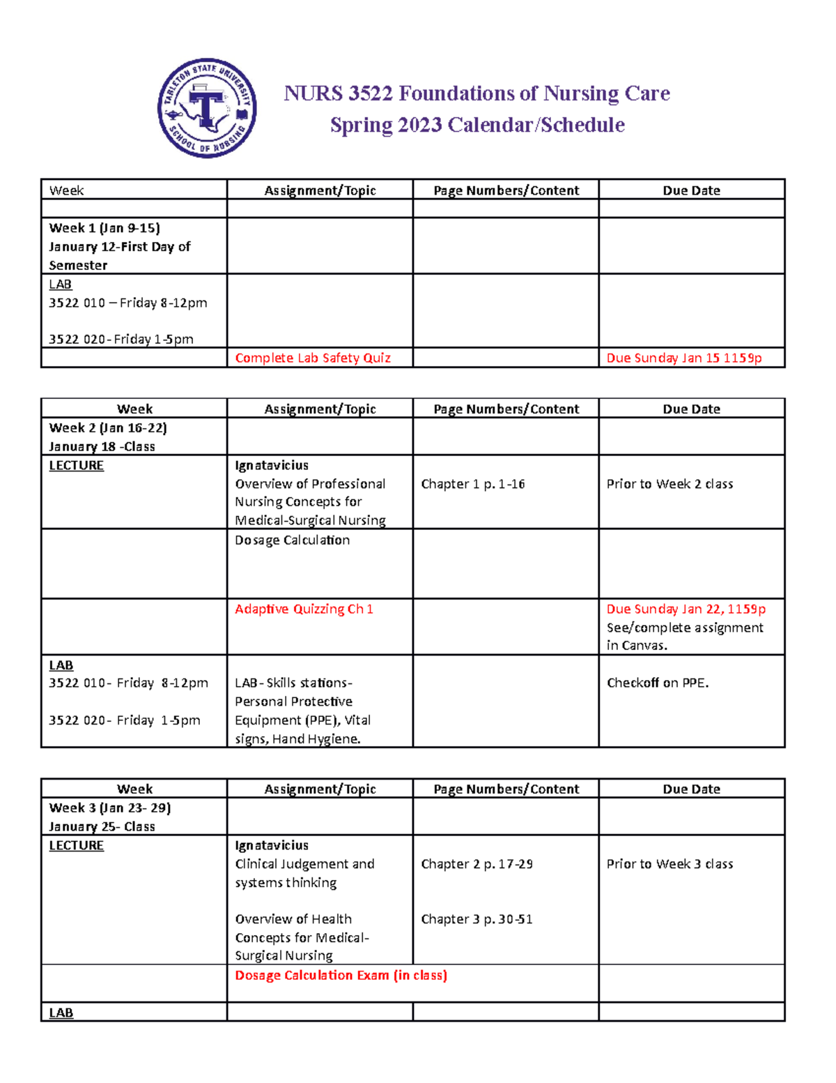 Spring 2023 Course calendar assignments and reading list - Spring 2023 ...