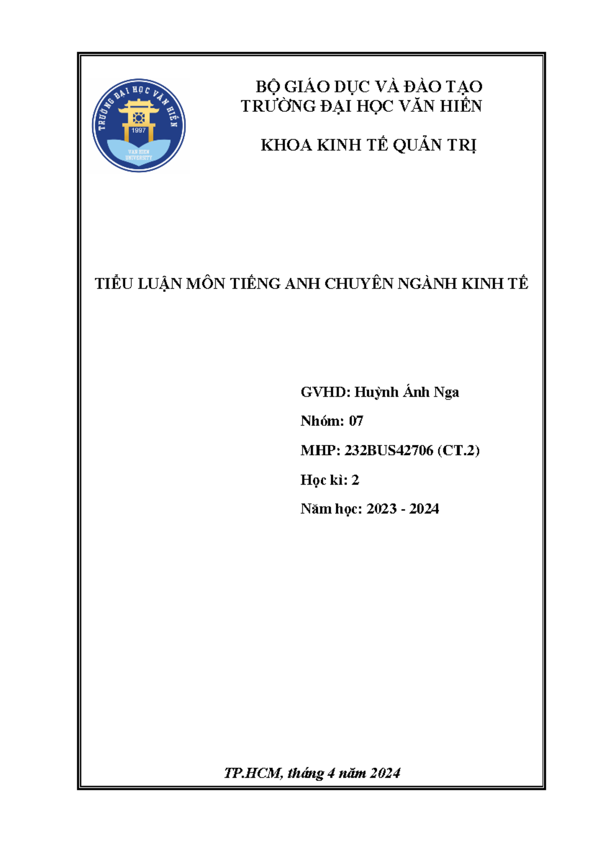 Final BUS. 01042024 - MON. PM - Class (CT2) - BỘ GIÁO DỤC VÀ ĐÀO TẠO ...