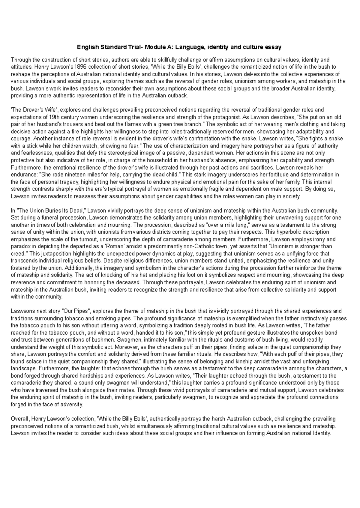 Modula A Essay- Henry Lawson - English Standard Trial- Module A ...