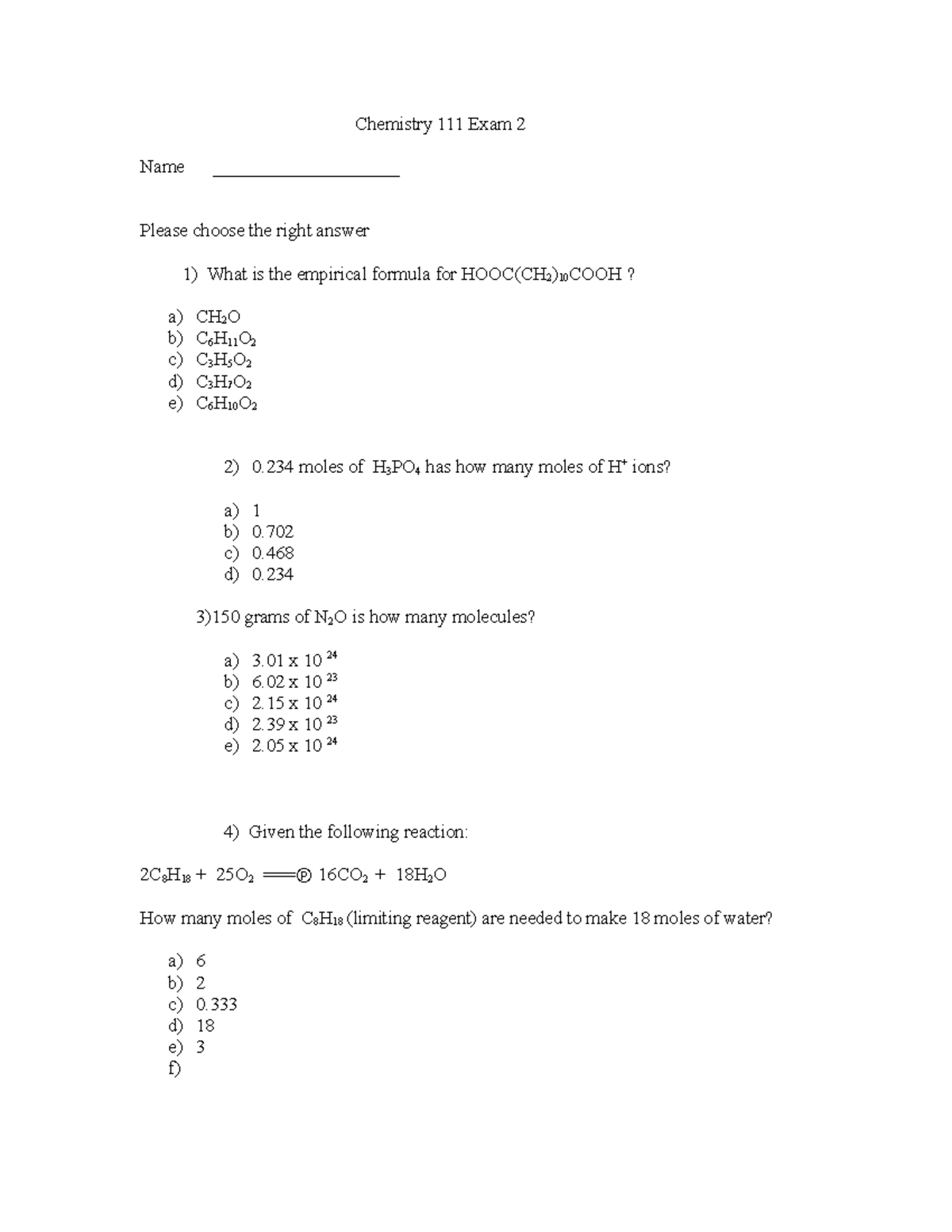 Ch111ex2sp18 - practice for final exam - Chemistry 111 Exam 2 Name ...