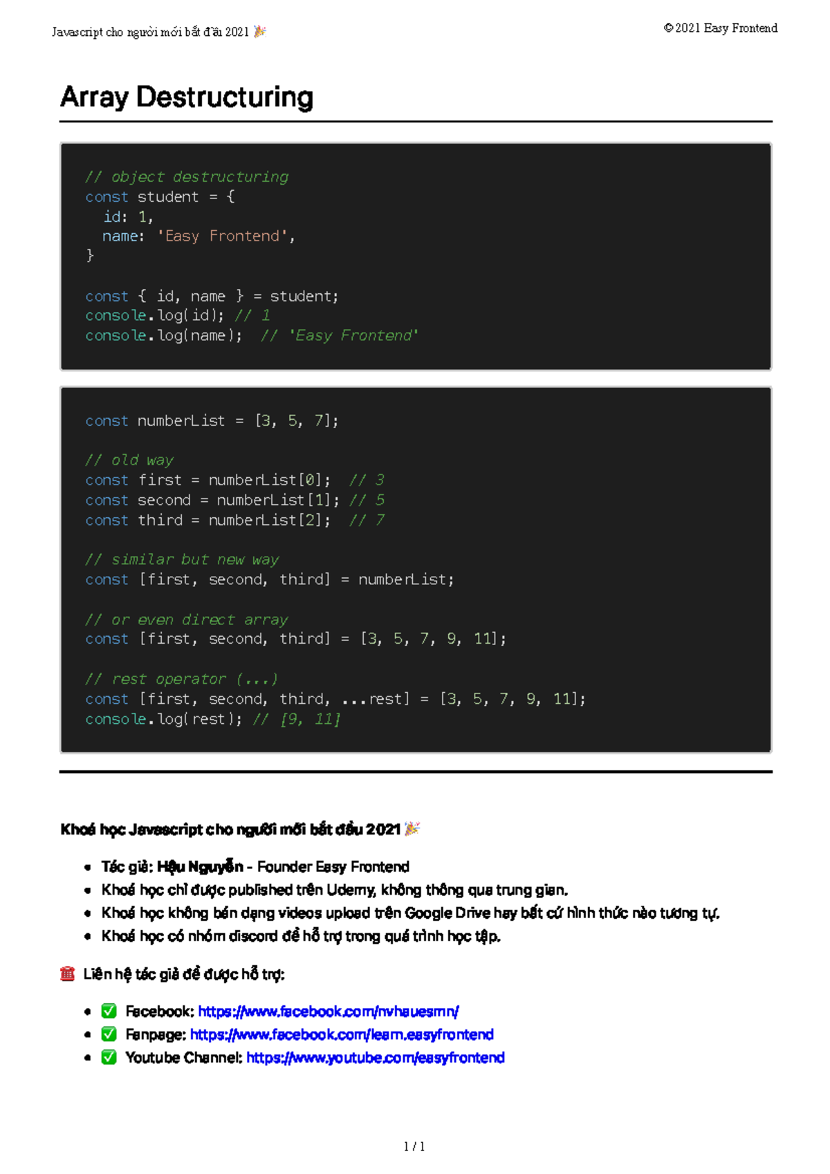 09 03 Array Destructuring Javascript Cho Người Mới Bắt đầu 2021 🎉 © 2021 Easy Frontend 1 1 7839