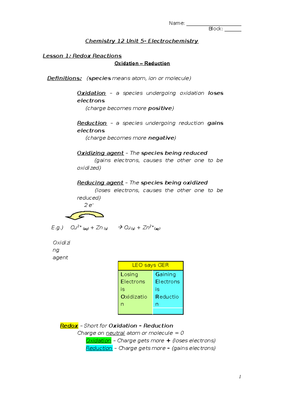 Chemistry 12 unit 5 notes - Block: _______ Chemistry 12 Unit 5 ...