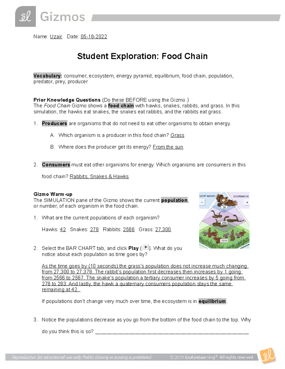 Lesson 02 - Gizmo - Food Chain SE - student - Name: Uzair Date: 05-16 ...