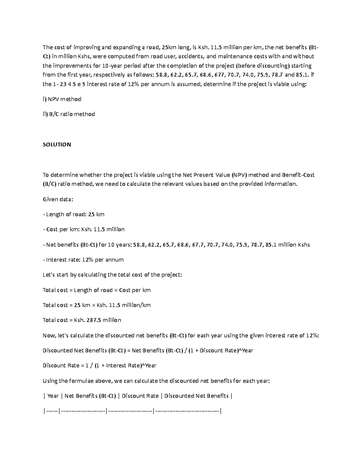 NVP calculation - Transportation engineering - The cost of improving ...