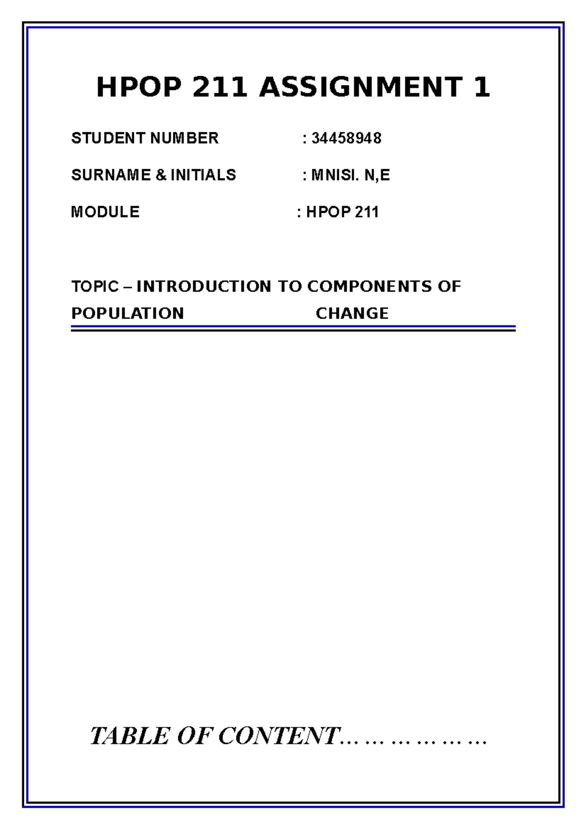 HPOP 211 Assignment 1 1 - HPOP 211 ASSIGNMENT 1 STUDENT NUMBER ...
