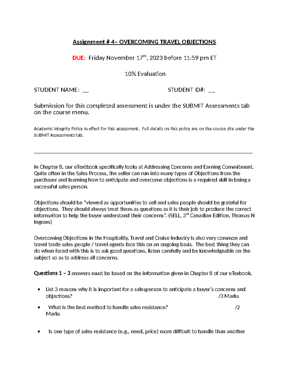 Assignment # 4 - Overcoming Travel Objections for Students F2023 - Assignment # 4– OVERCOMING ...