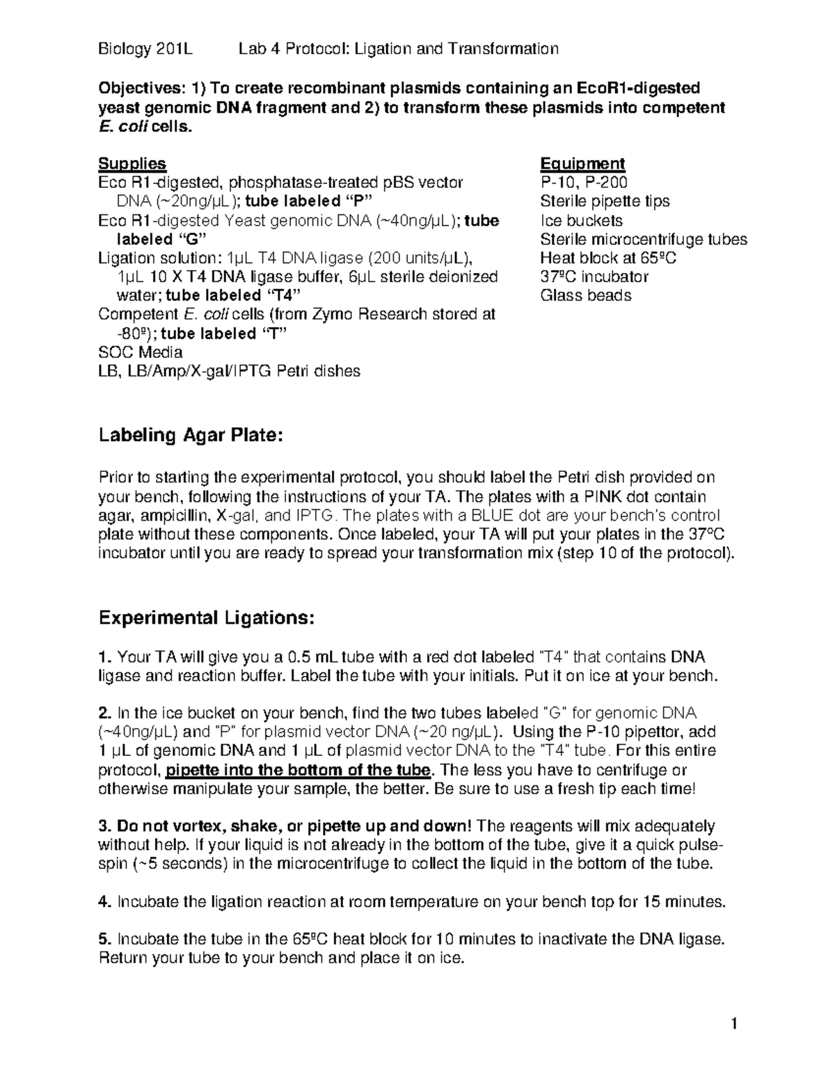 Lab 4 Protocol 2-14-17 - Biology 201L Lab 4 Protocol: Ligation and ...