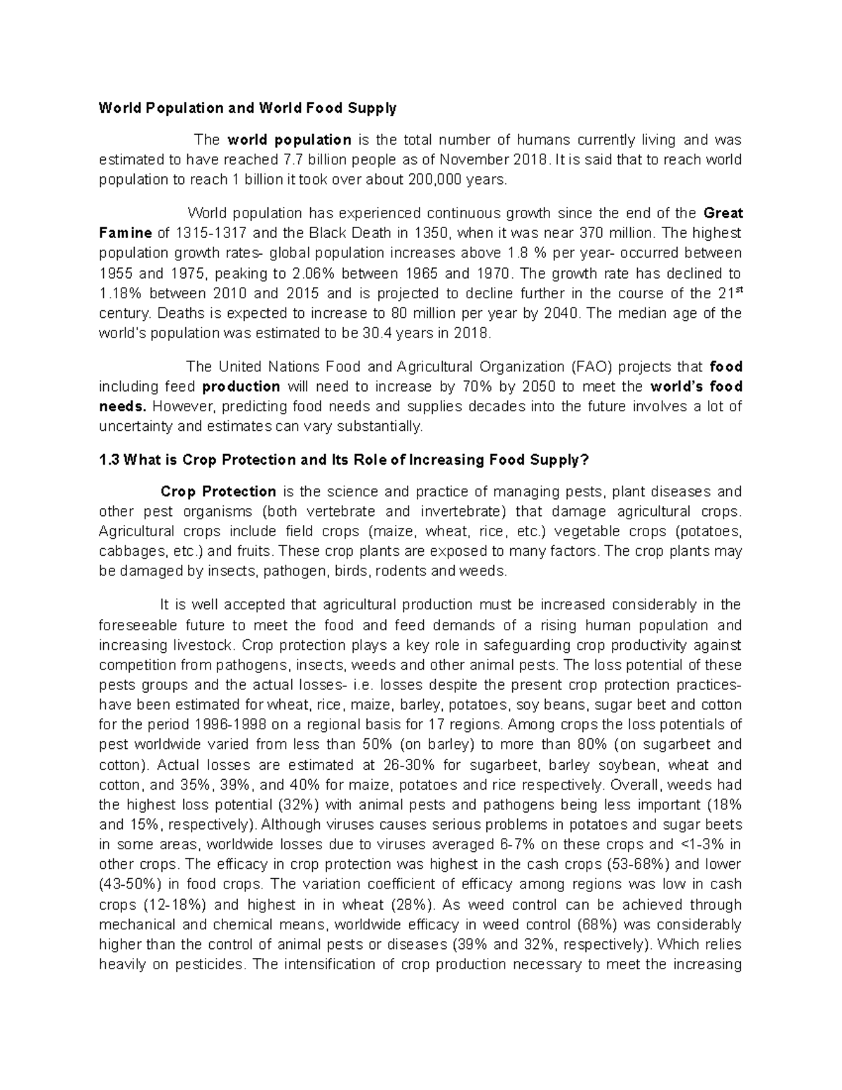 World Population and World Food Supply - It is said that to reach world ...
